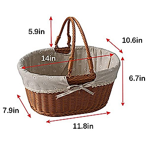 Imitation Rattan Picnic Basket, Storage Basket, Shopping Basket, Rattan Fruit Basket, Carrying Basket, Artificial Woven, Floral Lined Lace Trim (12, Oval, 1, pb2-1)
