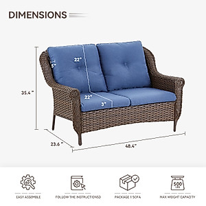 Bellefurn Patio Wicker Sofa Brown Rattan Loveseat Outdoor Couch with Chrysanthemum Armest & Water Resistant Cushions Sofa for Garden Balcony Backyard Poolside, Blue Cushions Loveseat(1PC)