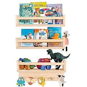 birola Nursery Book Shelves Set of 3,Nursery Shelves for Bookshelf Wall,Wall Bookshelves for Kids，Bathroom Decor, Kitchen Spice Rack (Natural)