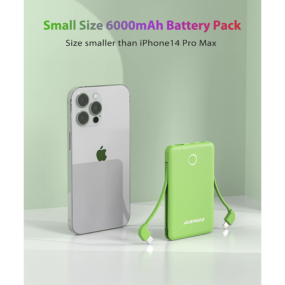 Alongza Portable Phone Charger 2 Pack Lightweight Power Bank with Built-in Cable External Phone Charger Small 6000mAh and 10000mAh for Cell Phones