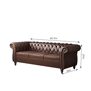 3 Piece Living Room Set, Chesterfield Leather Sofa Loveseat Couch Chair with Scroll Arms and Nailhead for Living Room, Office (Dark Brown)