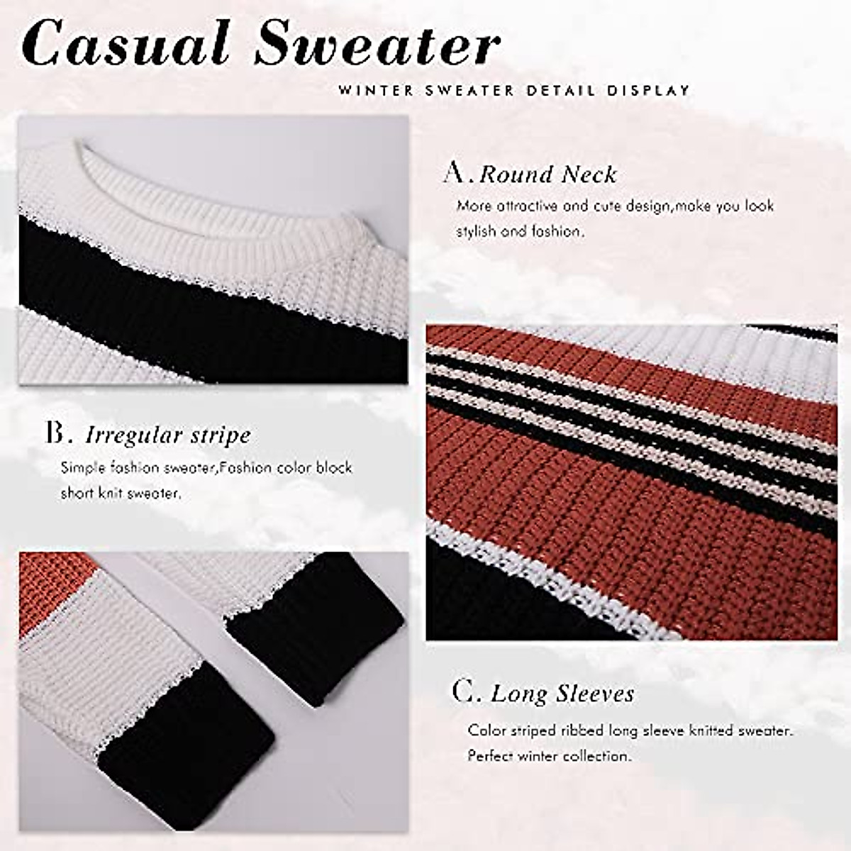 KIRUNDO 2023 Fall Winter Women's Striped Color Block Short Sweater Long Sleeve Crew Neck Casual Loose Knit Pullover Tops(Medium, 1977-Orange)