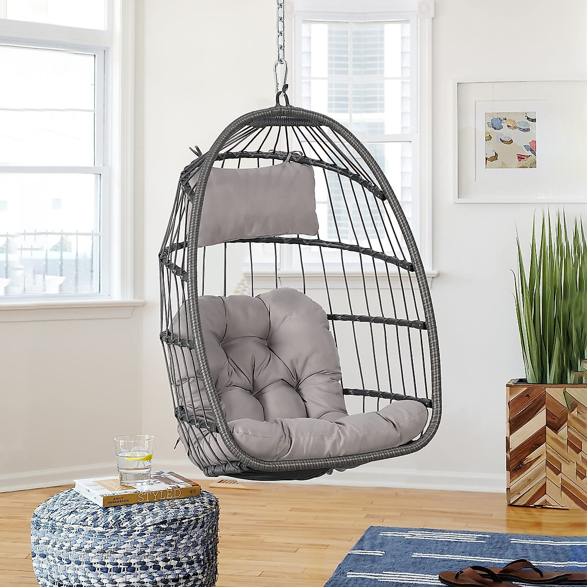 Patiorama Indoor Outdoor Egg Swing - Rattan Hanging Chair w/Cushion, 350lbs Capacity, All Weather Foldable Hammock Chair for Bedroom, Porch (Light Grey)
