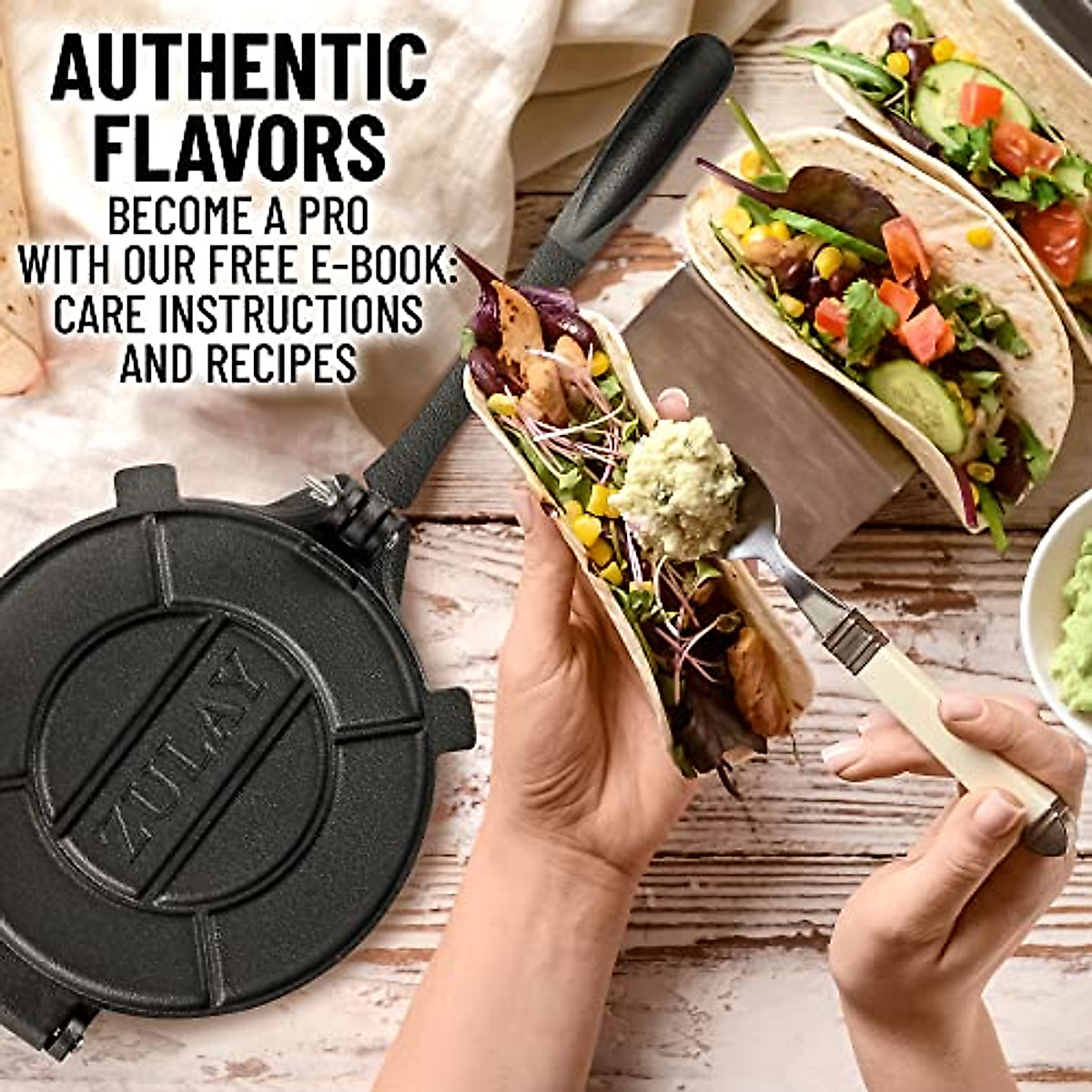 Zulay Cast Iron Tortilla Press 8 Inch - Pre Seasoned with 100 Pieces Parchment Paper - Heavy Duty Roti Maker and Flour Tortilla Press for Quesadilla, Naan, Chapati, Samosa, Poori, Saj Bread, Lahmacun