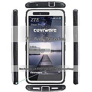 COVRWARE [Iron Tank] case Compatible with ZTE ZMAX PRO/ZTE Carry, with Built-in [Screen Protector] Full-Body Rugged Holster Armor Case [Brushed Metal Texture Design][Belt Clip][Kickstand], White