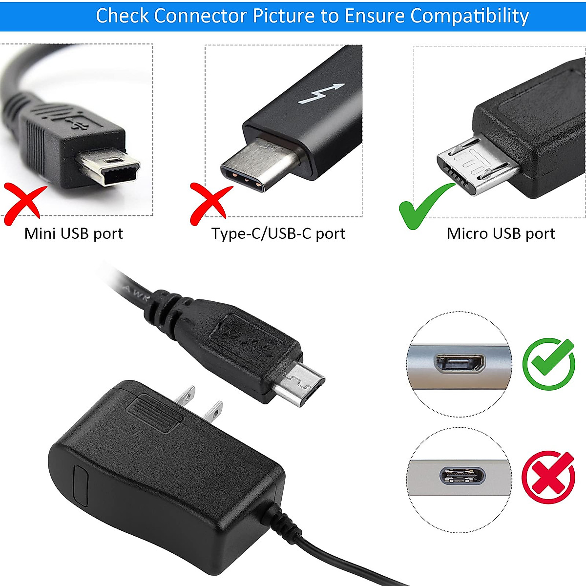 Bawofu 5V 2A Micro USB Power Supply Wall Charger AC/DC Adapter Universal Power Adapter