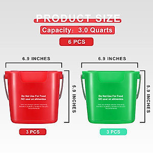 Roshtia 6 Pcs 3 Quart Cleaning Bucket Small Sanitizing Square Bucket Detergent Pail for Home Commercial Restaurant Kitchen Office School (Green, Red)