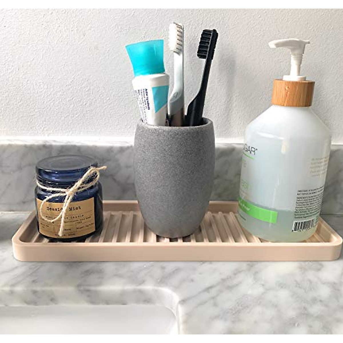 Happitasa Silicone Kitchen Sink Organizer Tray, Sponge Holder and Countertop Protector | Straight Lines Style (SAND DOLLAR, 12"x4")