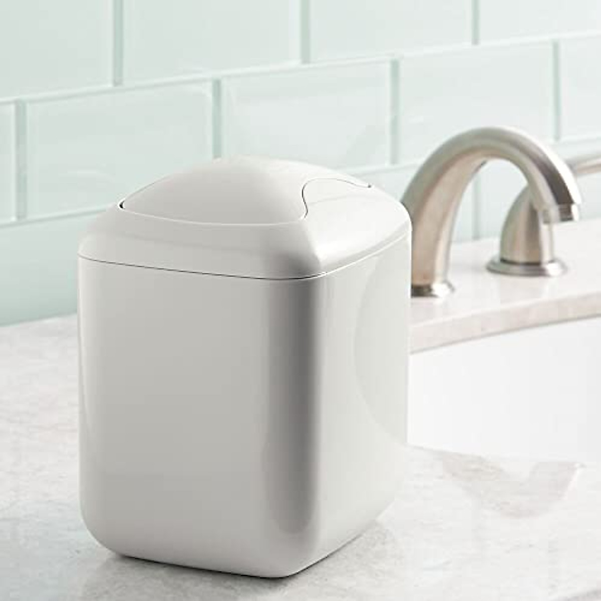 mDesign Modern Plastic Square Mini Wastebasket Trash Can Dispenser with Swing Lid for Bathroom Vanity Countertop or Tabletop - Dispose of Cotton Rounds, Makeup Sponges, Tissues - 2 Pack - Light Gray