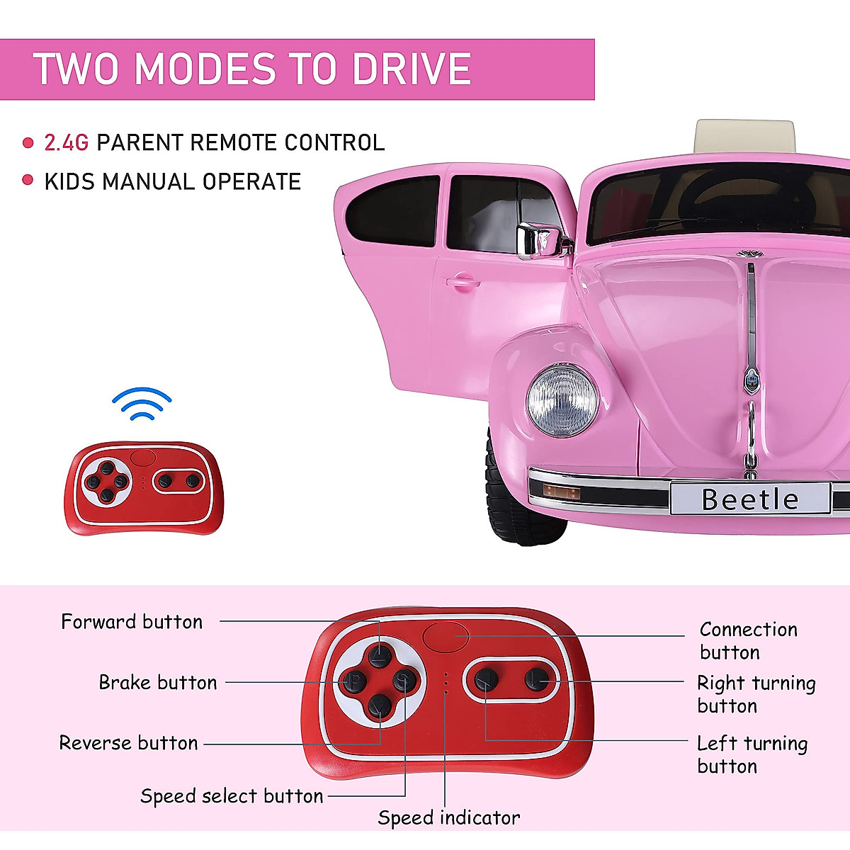 Aosom Licensed Volkswagen Beetle Electric Kids Ride-On Car 6V Battery Powered Toy with Remote Control Music Horn Lights MP3 for 3-6 Years Old Pink