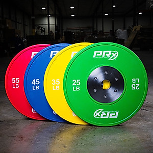 PRx Performance Color Elite Bumper Plate Pairs, Steel Center Insert with 2" Sleeve Hole, Minimal Bounce (45lb Pair)