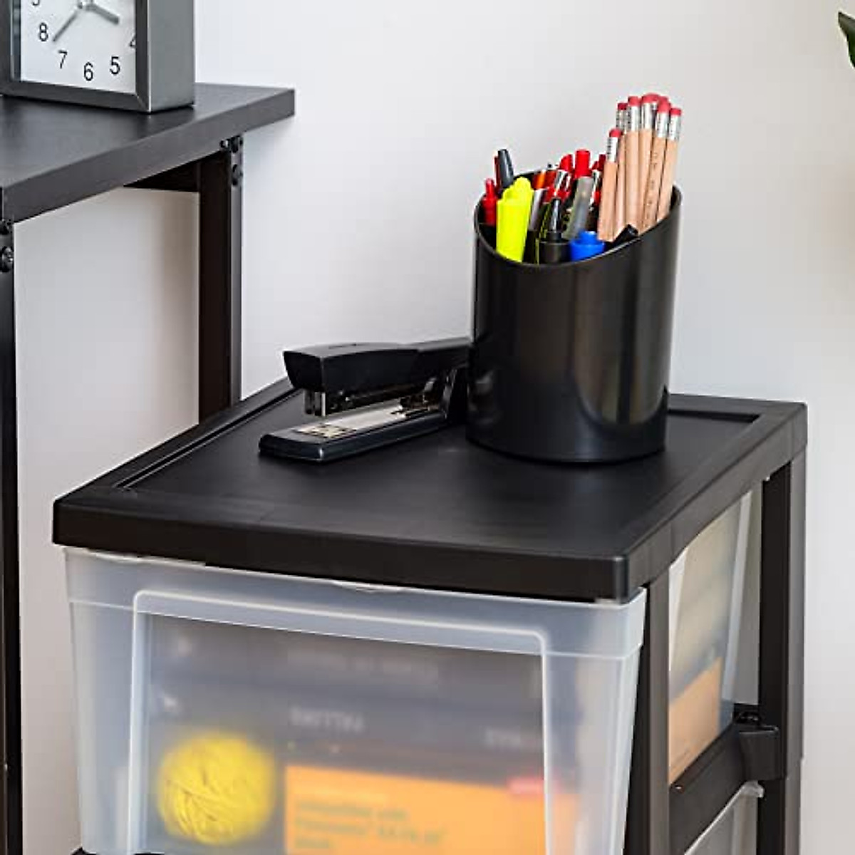 IRIS USA 3-Drawer Plastic Storage Dresser, 2-Pack, Standing Organizer Storage Container Bin with Drawers for Clothes Crafts Classroom Bedroom Dorm, Black/Clear