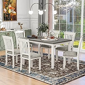GLORHOME 6 7-Piece Dining Table Set with Upholstered Chairs-Shaped Legs for Kitchen Family-Modern and Stylish Design, Gray+White
