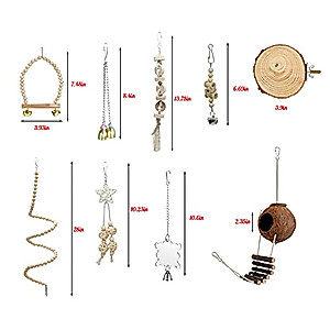 TOLMIOW 9 Pieces Parrots Chewing Natural Wood and Rope Bungee Bird Toy for Anchovies, Coconut Hideaway with Ladder ,Bird Perch Stand, Bird Cage Accessories, Parakeets, Cockatiel, Conure, Mynah, Macow
