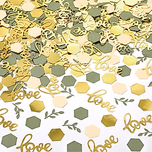 400 Pcs Greenery Wedding Table Confetti Decorations, Sage Olive Green Confetti Table Scatter Dots with Eucalyptus and Gold Love Confetti for Bridal Shower Wedding Decor(Wedding Style)