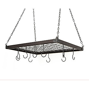 SODUKU Pot Pan Rack with Shelf Grid, Ceiling Mounted Hanging Multi-Purpose Wood & Metal Cookware Hanger Organizer Kitchen Storage with 10 Hooks Espresso