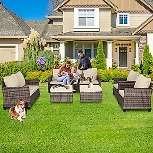 Furnivilla 6 Piece Patio Furniture Set Outdoor Patio Furniture Wicker Patio Set All Weather Wicker Rattan Patio Set Outdoor Sectional for Porch,Garden,Backyard (Brown-Grey)