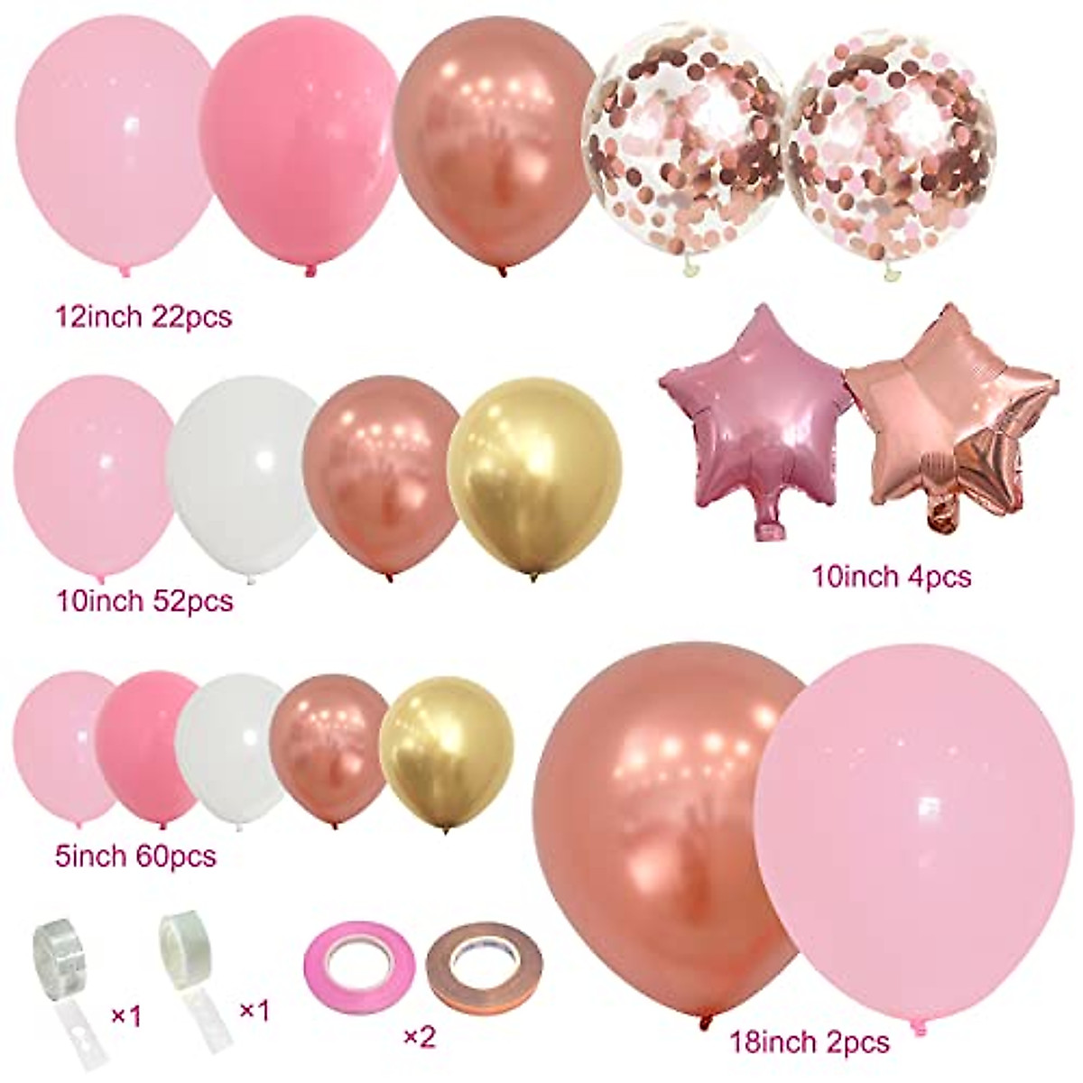 JULLIZ 144Pcs Rose Gold Pink Balloon Garland Arch Kit, Metallic Rose Chrome Gold Balloons for Birthday Wedding Party Bridal Shower Anniversary Decorations with Shiny Star Mylar Balloons
