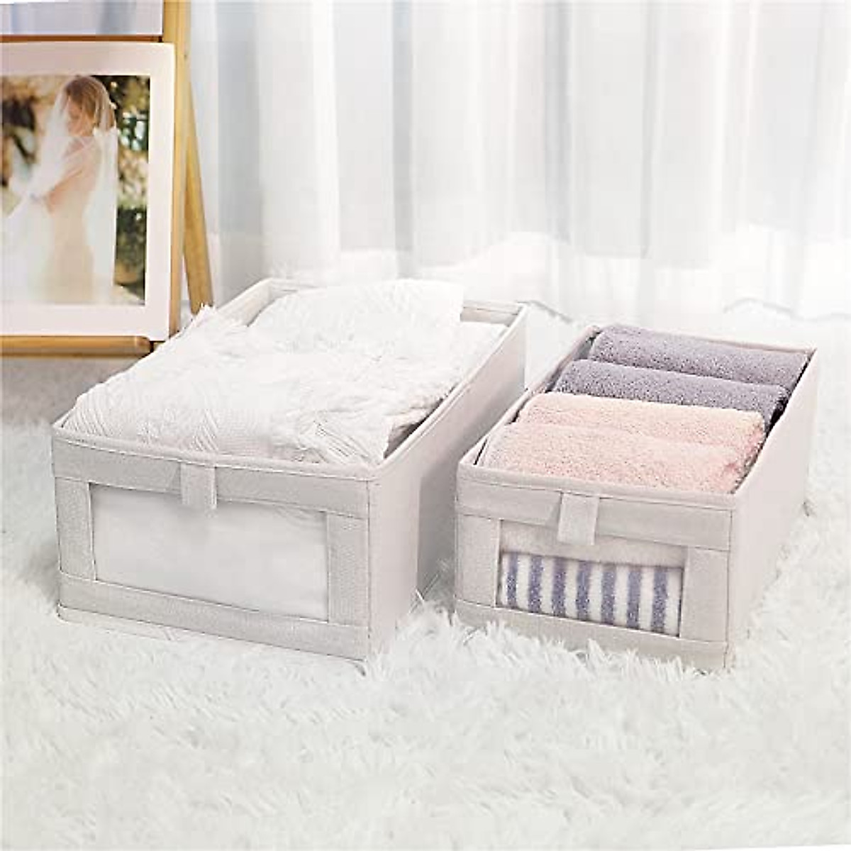 LaMorée Fabric Storage Bin Box Rectangular Cotton Linen Storage Basket Cube with Thick PP Board Clear Mesh Window Foldable Decorative Nursery Home Office Organizer Container – Beige, Large