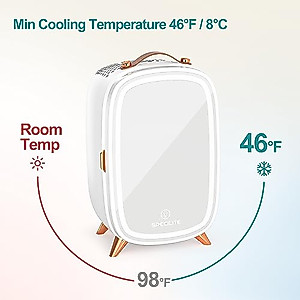 SPECILITE Mini Fridge, 6L Skincare Fridge with Mirror and LED Lighting Portable Cooler Small Refrigerator for Bedroom, Beauty, Makeup, Skin Care, Beverage, Cosmetics (White)
