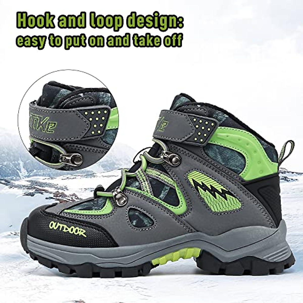 VITUOFLY Boys Hiking Boots Kids Warm Winter Snow Boots Girls Hiking Shoes Outdoor Adventure Trekking Shoes Anti-skid Sneakers Steel Buckle Grey Green Size 6.5