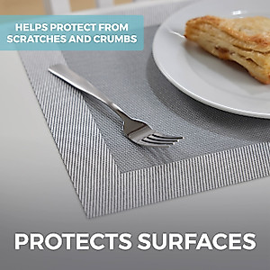 Home Genie Heat Resistant Placemats, Dining Room Table Mats, Protect Surfaces, Woven Placemat Setting for Dinner, Washable Vinyl Food Grade Mat, Kitchen Decor Accessories, Set of 4, Size 18x12, Silver