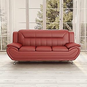 Container Furniture Direct Michael Modern Faux Leather Upholstered Stainless Steel Legs Living Room, Sofa, Persian Red