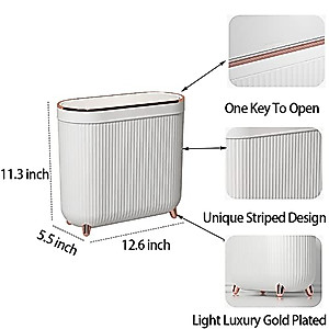 Bathroom Trash Can with Lid, 3.1 Gallon/12 Liter Slim Rubbish Bin Wastebasket, Rectangular Plastic Narrow Garbage Container Bin for Living Room, Kitchen, Toilet, Office(White)