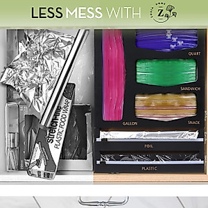 Zosia Home 6 in 1 Bamboo Ziplock Bag Organizer with Wrap Dispenser - Baggie Organizer, Plastic Fits Quart, Gallon, Snack, Sandwich Bags, for Drawer, 3''x13''x17'', Black