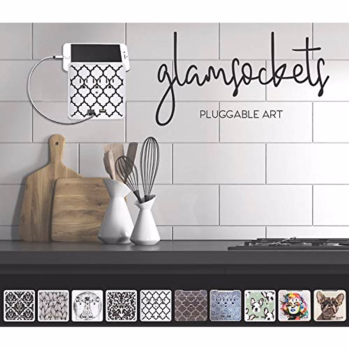 Glamsockets Decorative Wall Mount Surge Protector with 3 Outlets, Dual USB Charging Ports and Phone Holder - USB Charging Center/Multi Function Wall Tap (Carrara Marble)