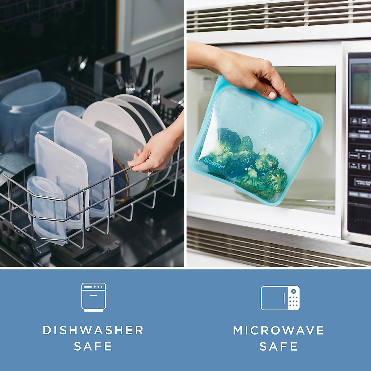 Stasher Silicone Reusable Storage Bag, 1/2 Gallon (Clear) | Food Meal Prep Storage Container | Lunch, Travel, Makeup, Gym Bag | Freezer, Oven, Microwave, Dishwasher Safe, Leakproof