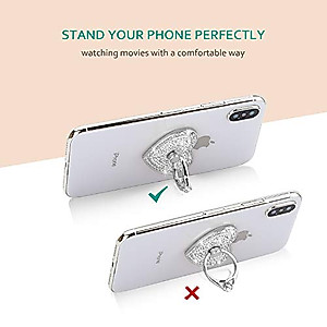 Cell Phone Finger Ring Stand with Sparkly Diamond, Nsiucion Heart Phone Ring Kickstand Holder [Washable] [Removable], 360°Rotation Zinc Alloy Ring Grip Stand for All Phones and Tablets (Silver)