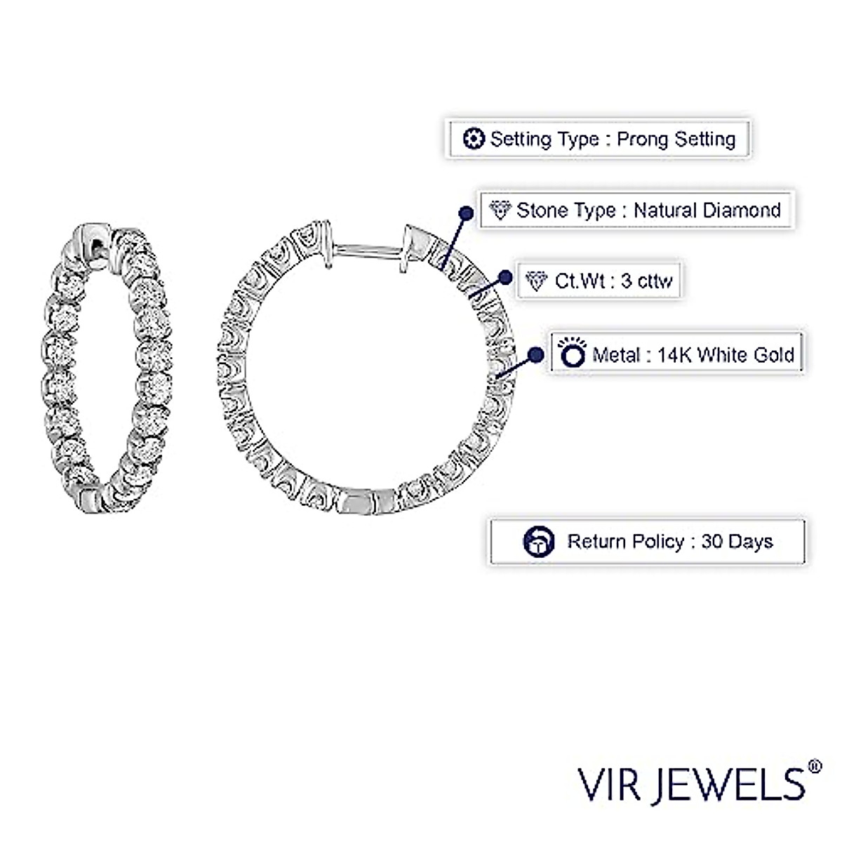 Vir Jewels 3 cttw Diamond Inside Out Hoop Earrings 14K White Gold Round Prong Set 1 inch