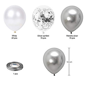 White Silver Confetti Latex Balloons, 50 Pack 12inch Silver Metallic Chrome Party Balloon Set with Silver Ribbon for Wedding Birthday Baby Shower Decorations