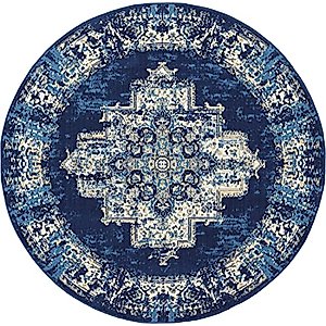 Nourison Grafix Persian Navy Blue 4' x ROUND Area -Rug, Easy -Cleaning, Non Shedding, Bed Room, Living Room, Dining Room, Kitchen (4 Round)
