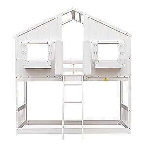 ERYE Twin Over Twin House Bunk Bed with Roof,Window, Window Box and Window Door,Twin Size Wooden Bunk Bed with Safety Guardrails and Ladder for Kids Children Teens Boys and Girls,White