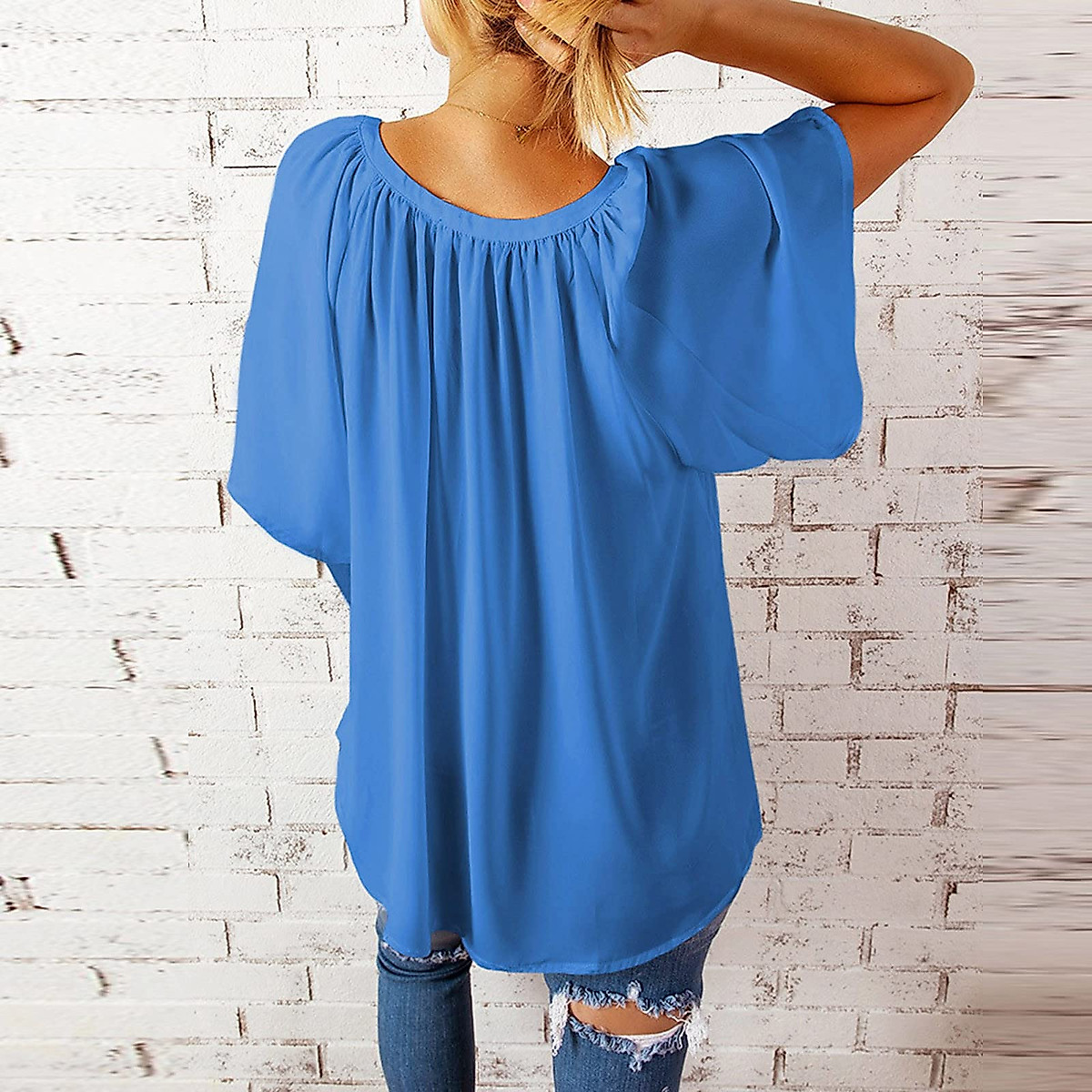 Blouses for Women Dressy Casual Sexy Women's Loose Casual Short Sleeve Chiffon Top V Neck T Shirt Sexy Blouse Blue