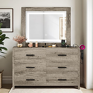 YITAHOME Makeup Vanity with Lighted Mirror, 6-Drawer Vanity Desk with Charge Station, Dressing Table with 3-Mode Light Strip for Bedroom, Maple Gray
