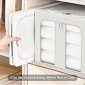 Elegeet 3Pack 66L Storage Bins with Metal Frame - Foldable Linen Fabric Storage Box With Handles And Transparent Window Closet Organizers And Storage(Grey