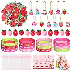 Haooryx 110PCS Strawberry Theme Party Favors Fruit Mochi Toys Berry Sweet Rubber Bracelet Acrylic Strawberry Scrapbook Stickers Keychains with Thank You Card for Girls Birthday Summer Party Goodie Bag