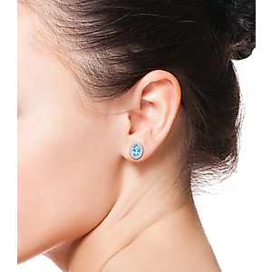 DONAGEMS 9x7 Oval Cut Gemstone Halo Studs Earrings with Push Back - Aquamarine