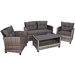 Tangkula 8 PCS Patio Wicker Conversation Furniture Set, Outdoor Rattan Sofa Set with Padded Cushion & Tempered Glass Coffee Table, Wicker Sectional Sofas & Table for Courtyard Balcony Garden (2, Grey)