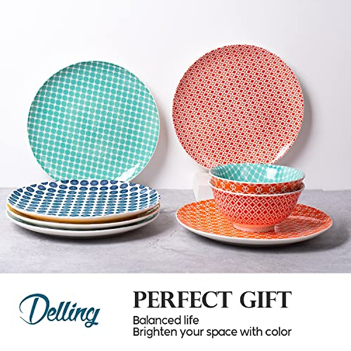 Delling Ceramic Dinner Plates Set, 10 Inch Colorful Dessert Plates/Salad Plates, Porcelain Serving Dishes, Scratch Resistant, Lead-Free - Microwave, Oven, and Dishwasher Safe - Set of 6