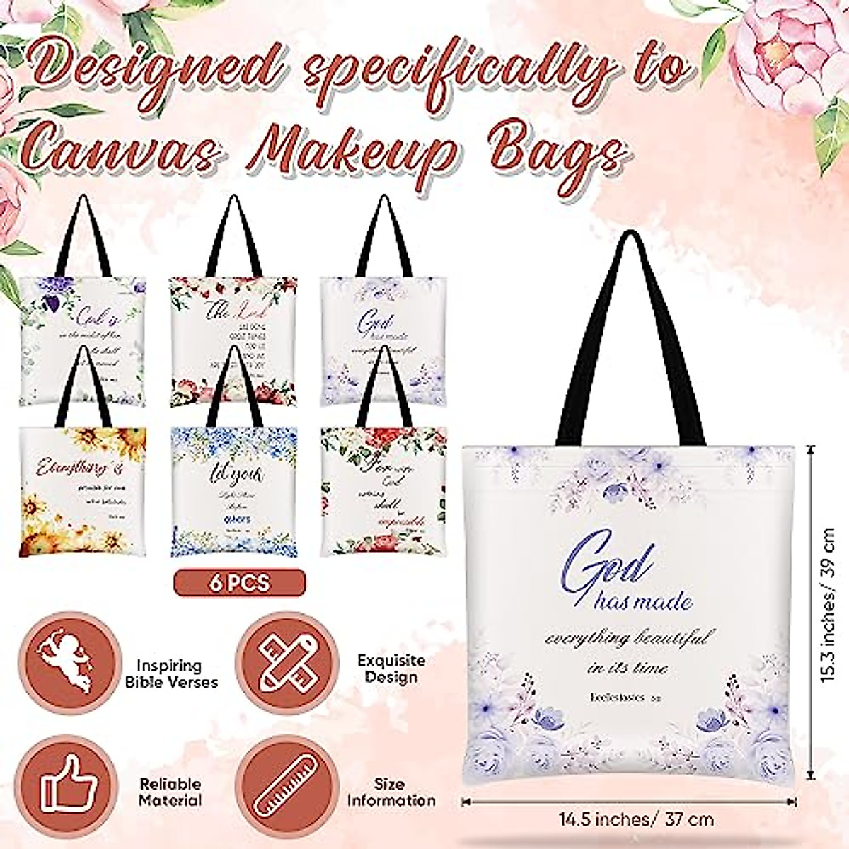 Silkfly 6 Pcs Bible Tote Bags for Women, Shoulder Scripture Religious Reusable Tote Bags Floral Verse Christian Tote Bag for Beach Market Travel Grocery Christmas Gift