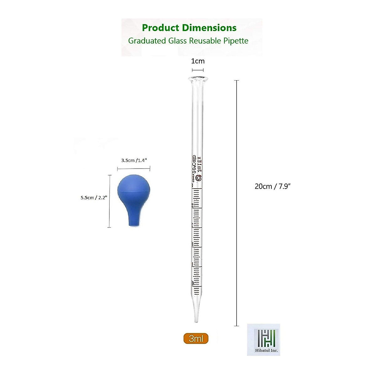 HIBATUL INC 4 Pack (3ml) Glass Graduated Dropper Pipettes Lab Dropper with Blue Rubber Cap and Scale