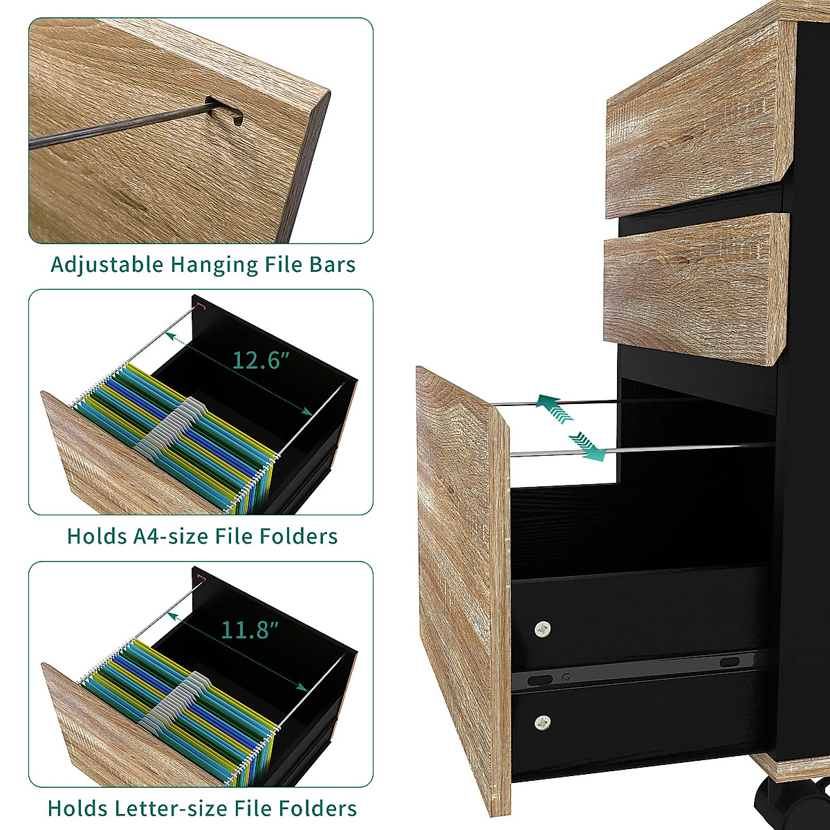YITAHOME 3 Drawer Mobile File Cabinet, Rolling Filing Cabinet for A4 or Letter Size, Wood Under Desk Storage Cabinet with Wheels, Oak