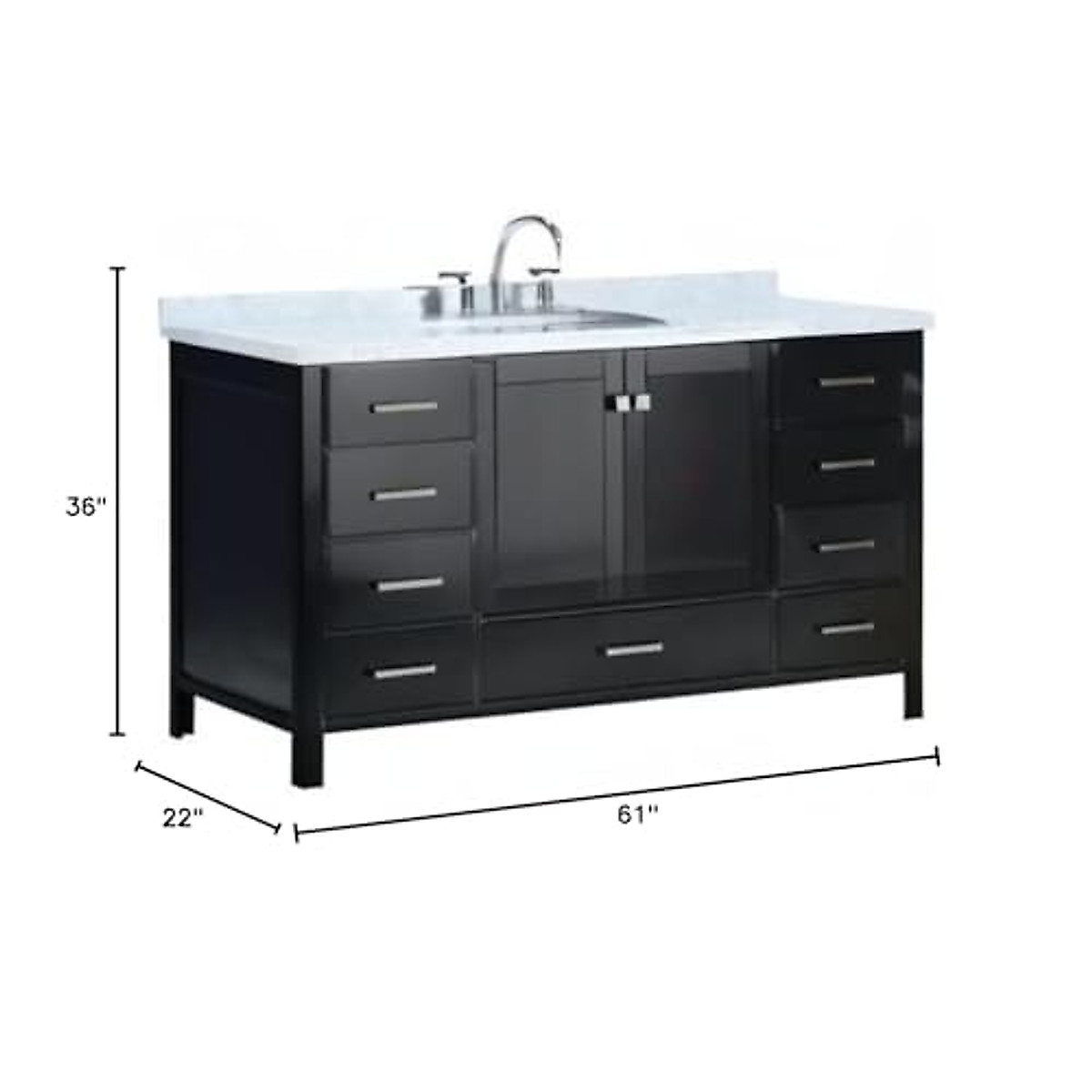 ARIEL Cambridge A061SCWRVOESP 61" Inch Single Rectangular Sink Solid Wood Espresso Bathroom Vanity Cabinet with 1.5" Inch Edge White Carrara Marble Countertop