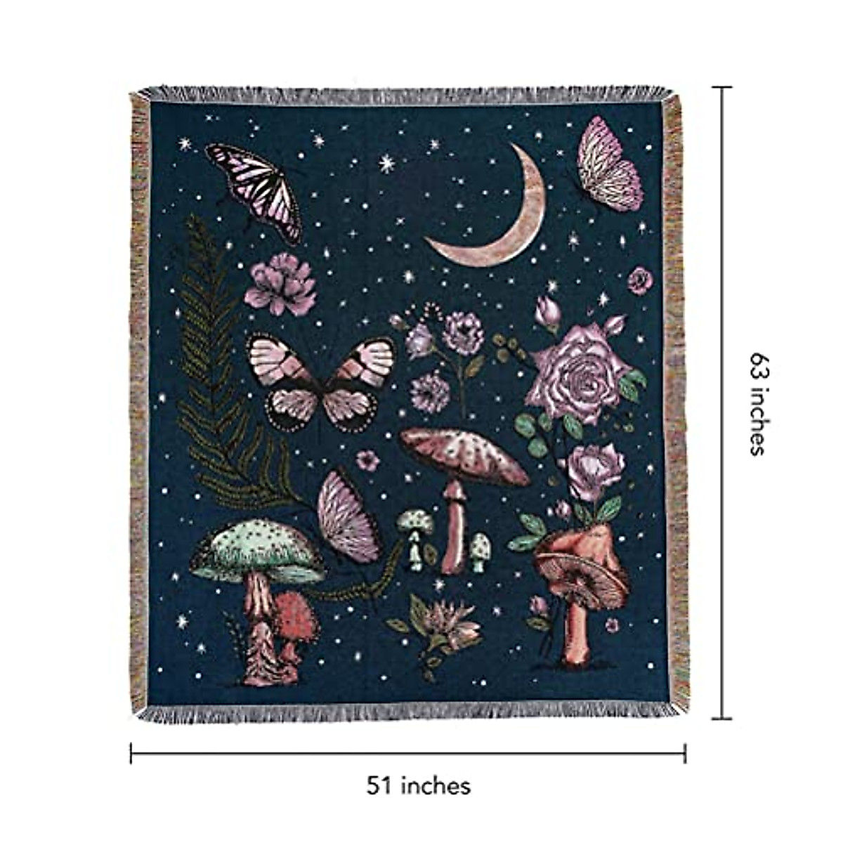 tiowik Mushroom Butterfly Flower Moon Throw Woven Blanket with Tassel for Home Decoration Chair Couch Sofa Bed Beach Travel Picnic Cloth Tapestry Shawl Cozy Cotton (Navy Blue 63×51 Inches)