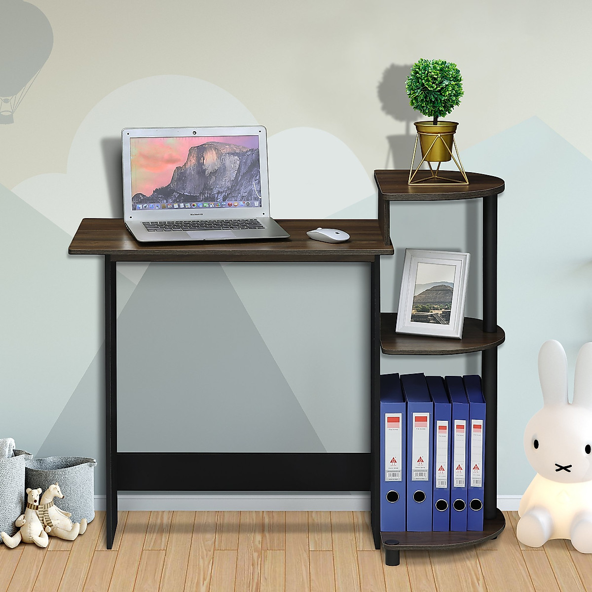 Furinno Compact Computer Desk with Shelves, Round Side, Columbia Walnut/Black