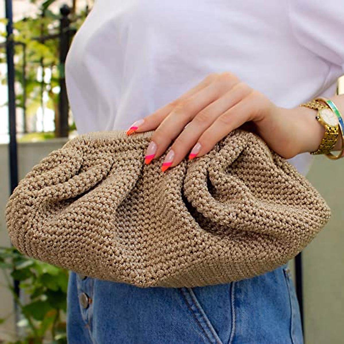 Knit Women's Hand Bags Camel Color Small Woven Bags for Women Handmade Knit Hand Bags and Purses Mini Clutch Chic Tote
